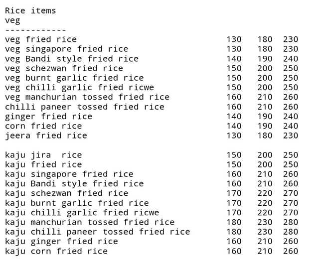 Menu of The Golden Dragon, Madhapur, Hyderabad