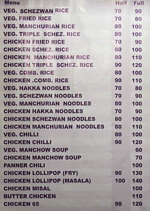 Menu of Main Boys Hostel Canteen, Parel, Mumbai