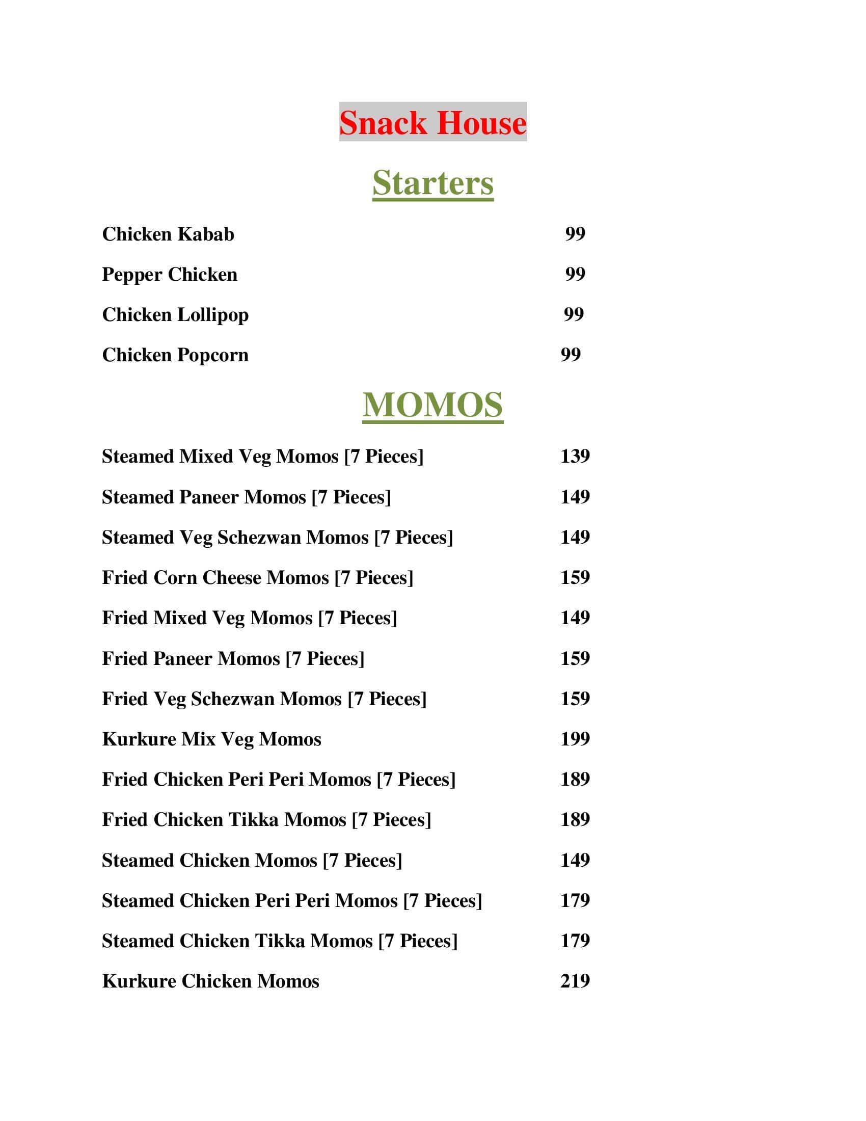 Menu of Snack House, Pallavaram, Chennai