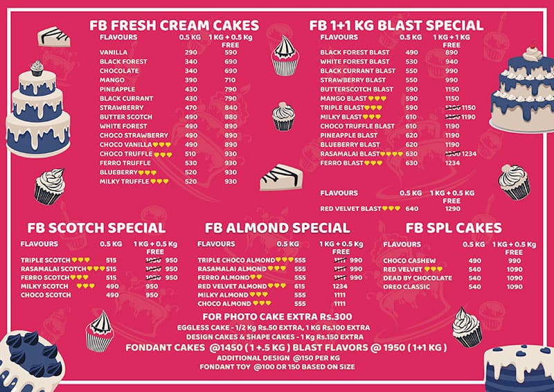 Menu of FB Cakes, Medchal Road, Hyderabad
