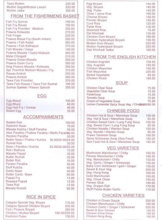 Menu at Calypso, Navi Mumbai, Vindhya Commercial Complex