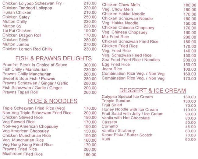 Menu at Calypso, Navi Mumbai, Vindhya Commercial Complex