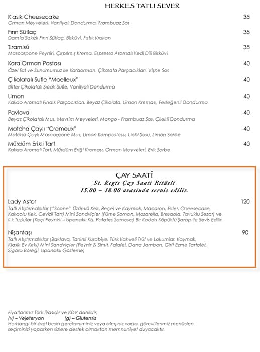 Menu at St. Regis Brasserie, Istanbul