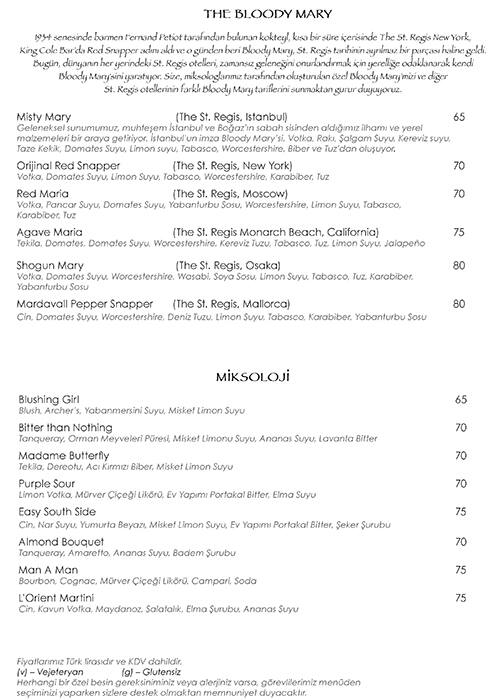 Menu at St. Regis Brasserie, Istanbul