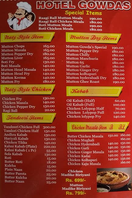 Menu of Hotel Gowda's, Yeshwantpur, Bangalore