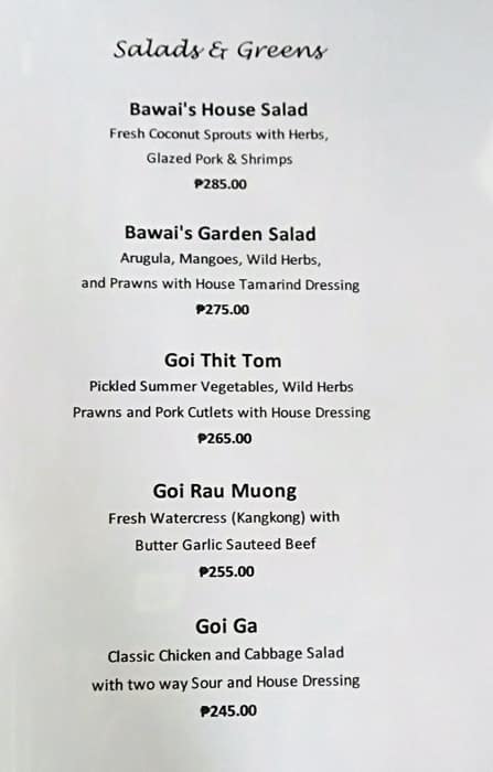 Menu at Bawai's restaurant, San Juan
