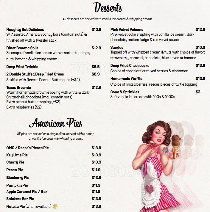 Menu at Misty's Diner restaurant, Prahran