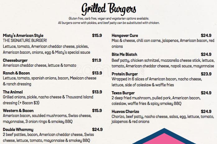 Menu at Misty's Diner restaurant, Prahran