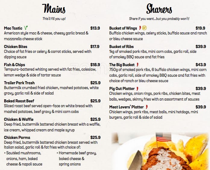 Menu at Misty's Diner restaurant, Prahran