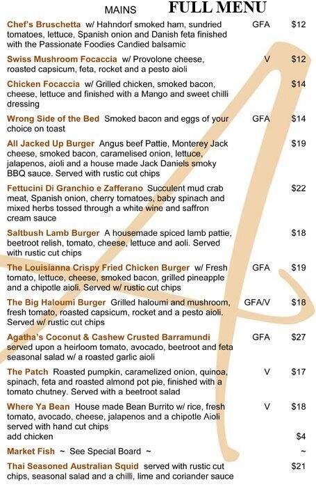 Menu at Agatha's restaurant, Port Noarlunga