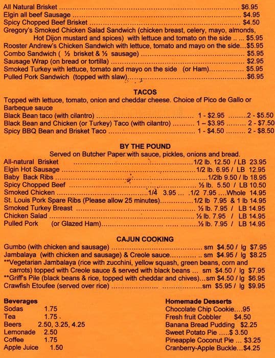 Menu at Ruby's BBQ, Austin