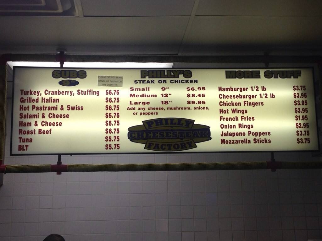 Menu at Philly Cheesesteak Factory restaurant, Las Vegas