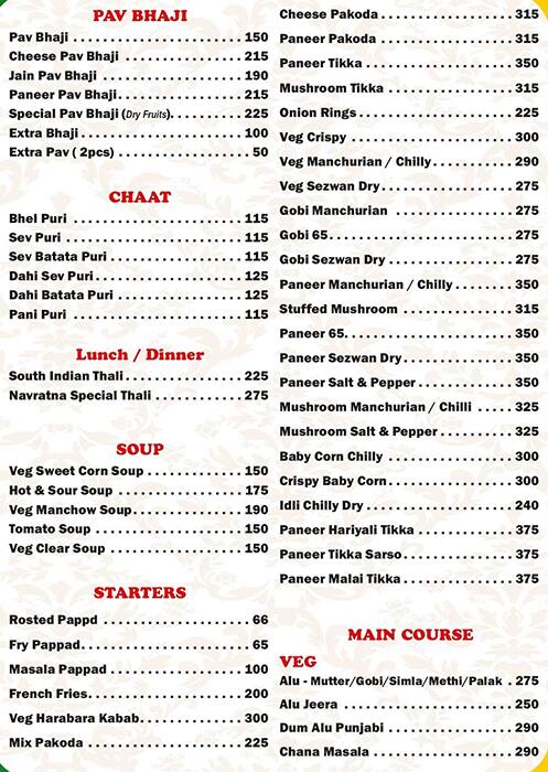 Menu at Navratna Udupi Pure veg (Family Restaurant), Baga