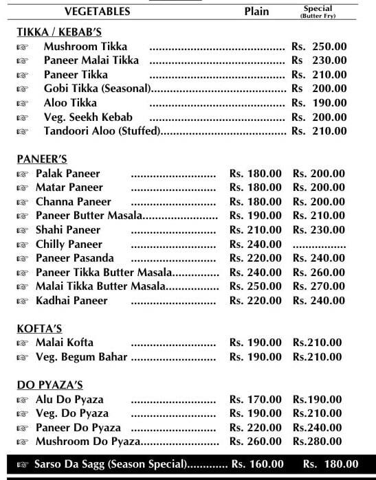 Menu of Balwant Singh's Eating House, Bhawanipur, Kolkata