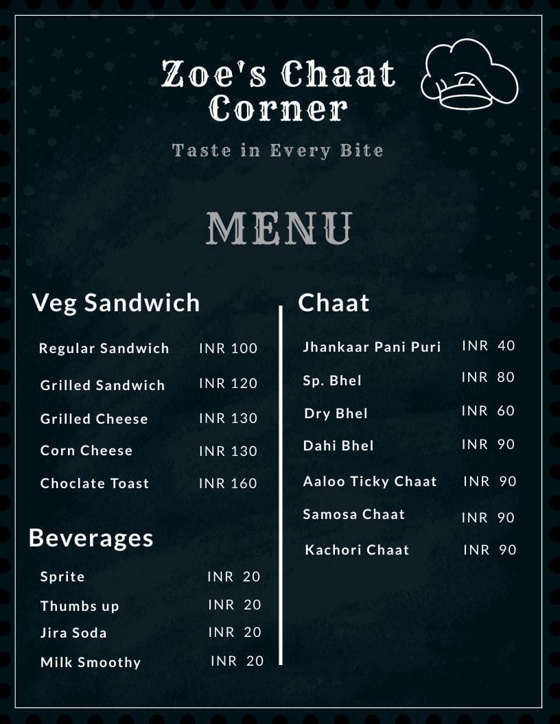 Menu of Zoe's Chaat Corner, Viman Nagar, Pune