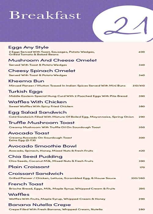 Menu of Cafe Twenty One, Gandipet, Hyderabad