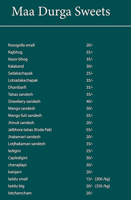Menu of Maa Durga Sweets, Ultadanga, Kolkata