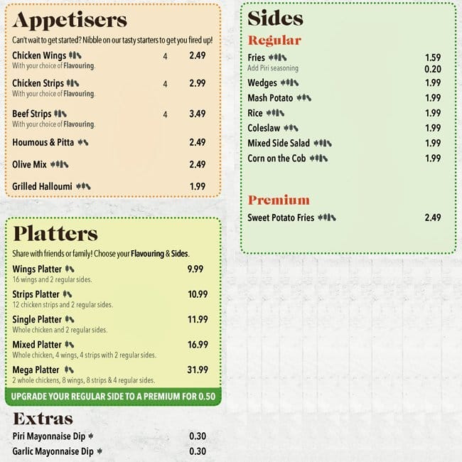 Menu at Roosters Piri Piri restaurant, Southall, 518 Lady Margaret Rd