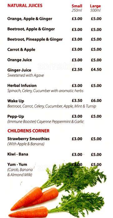 Menu at The Oracle's Organic Juice Bar, London