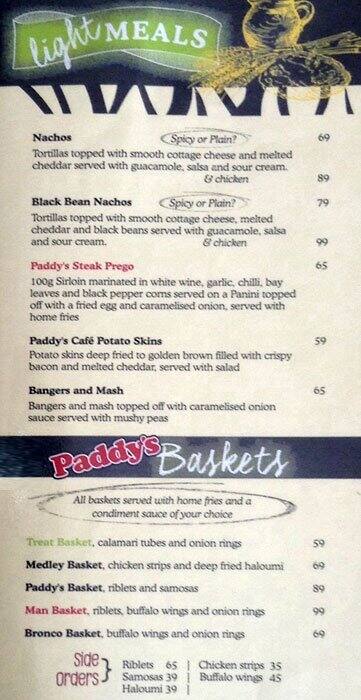 Menu at Paddy's Cafe, Johannesburg