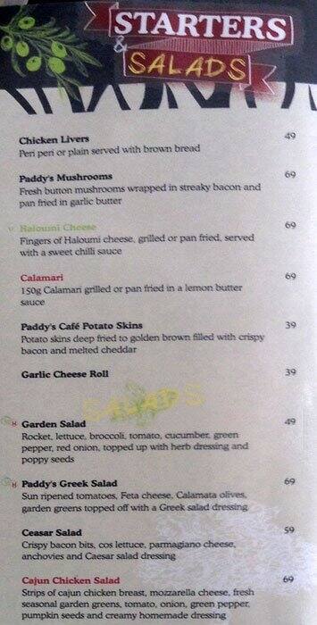 Menu at Paddy's Cafe, Johannesburg