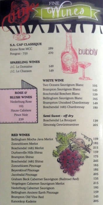 Menu at Paddy's Cafe, Johannesburg