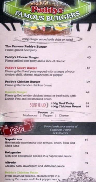 Menu at Paddy's Cafe, Johannesburg
