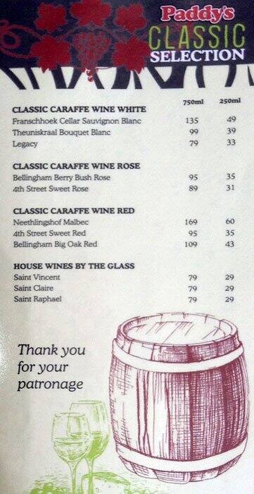 Menu at Paddy's Cafe, Johannesburg