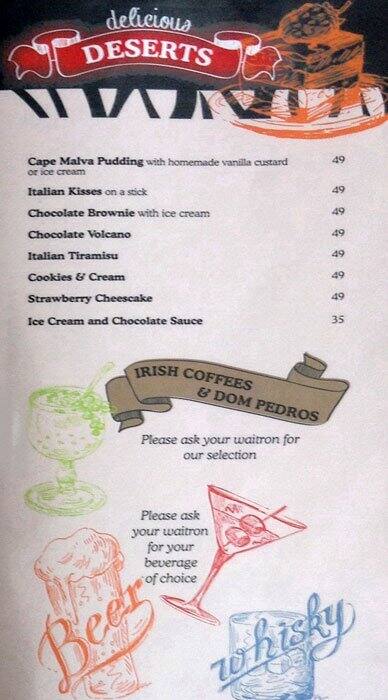 Menu at Paddy's Cafe, Johannesburg