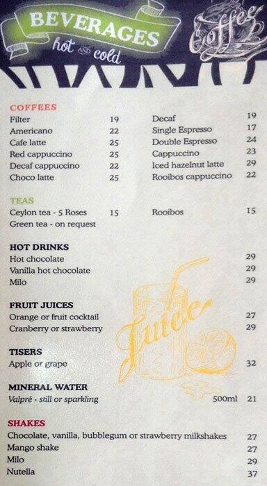 Menu at Paddy's Cafe, Johannesburg