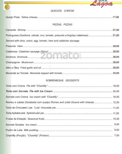Menu em Bar Lagoa, Rio de Janeiro