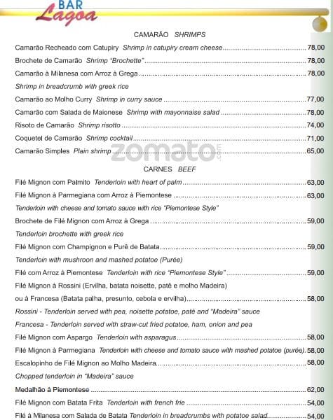 Menu em Bar Lagoa, Rio de Janeiro