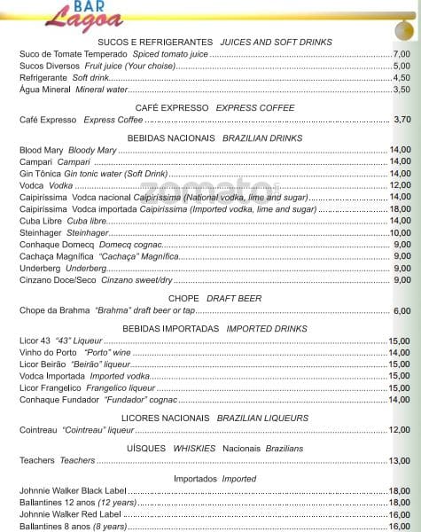 Menu at Bar Lagoa, Rio de Janeiro