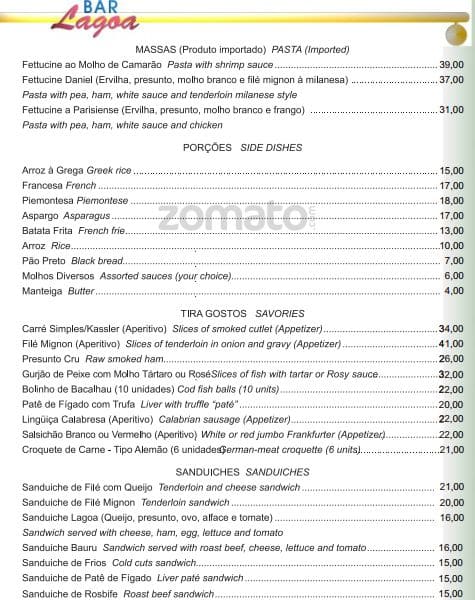 Menu em Bar Lagoa, Rio de Janeiro