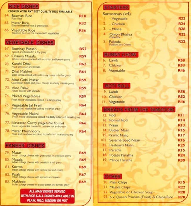 Menu at Mehak Indian Restaurant, Centurion