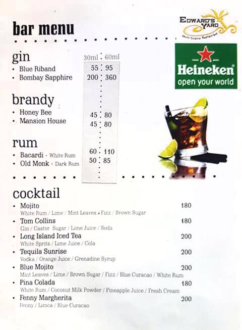 Menu of Edward's Yard, Bambolim, Goa