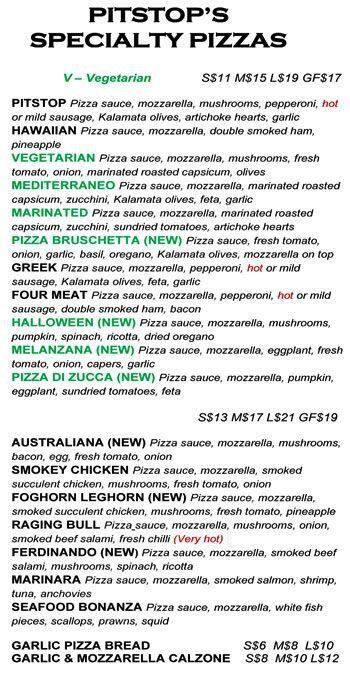 Menu at Pitstop Pastries & Pizza pizzeria, West End