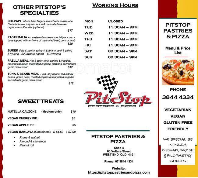 Menu at Pitstop Pastries & Pizza pizzeria, West End