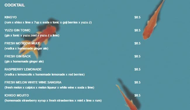 Menu at Kingyo restaurant, Vancouver