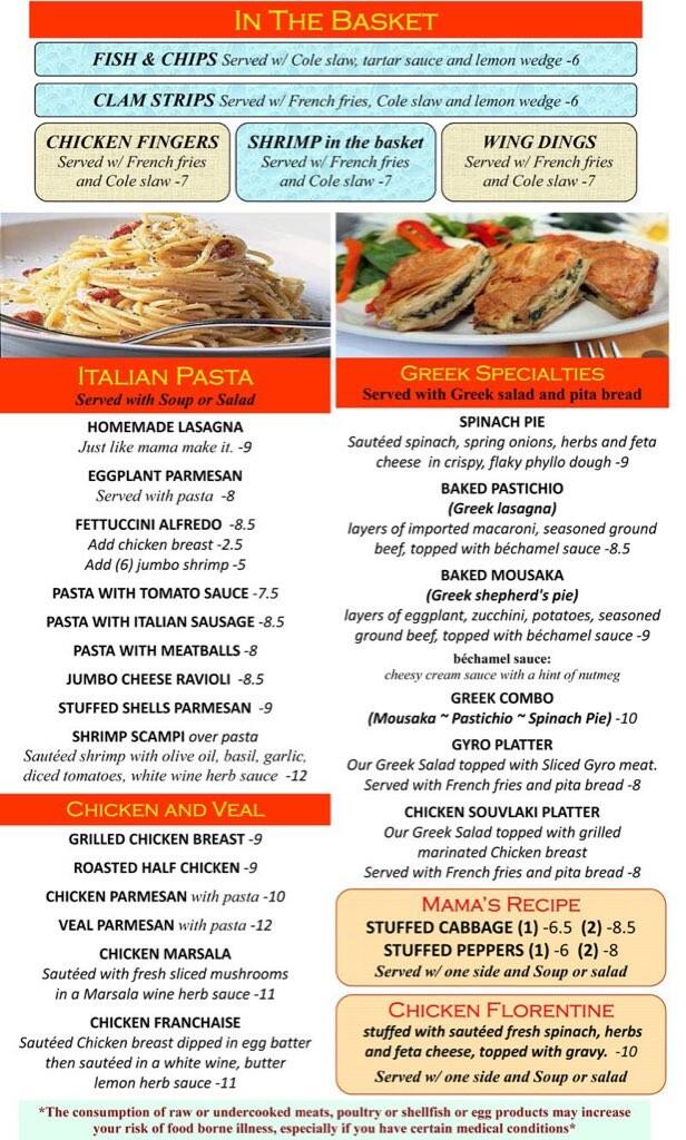 Menu at Palm Diner restaurant, Sebring
