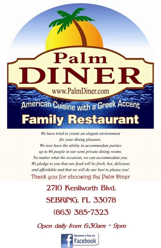 Menu at Palm Diner restaurant, Sebring