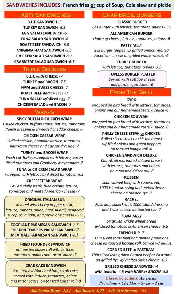 Menu at Palm Diner restaurant, Sebring