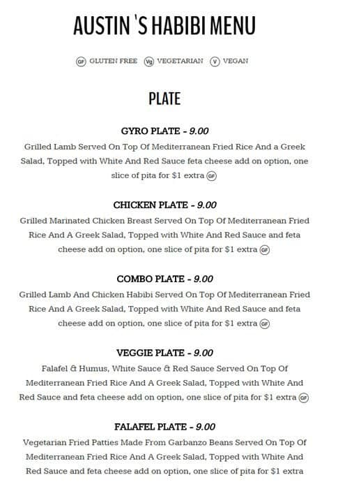 Menu at Austin's Habibi LLC restaurant, Austin, 817 W 5th St