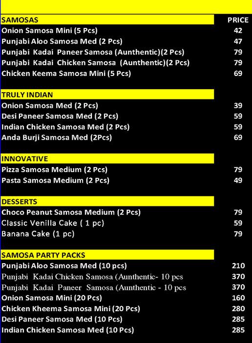 Menu of The Indian Samosa, Rammurthy Nagar, Bangalore
