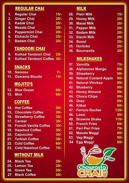 Menu of Chowrasta Chai, Vanasthalipuram, Hyderabad