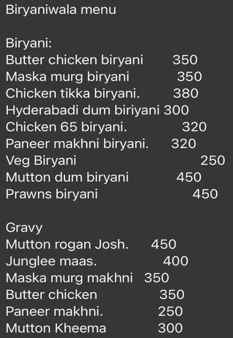 Menu of Biryaniwala, Shivaji Nagar, Pune