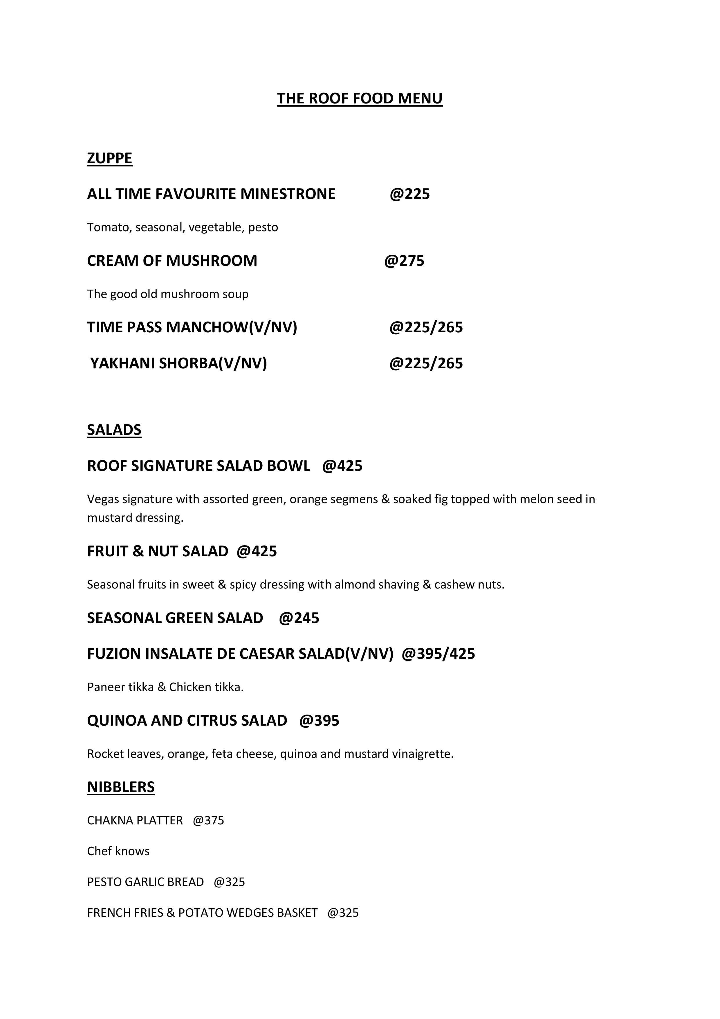 Menu of The Roof, Sector 5, Panchkula