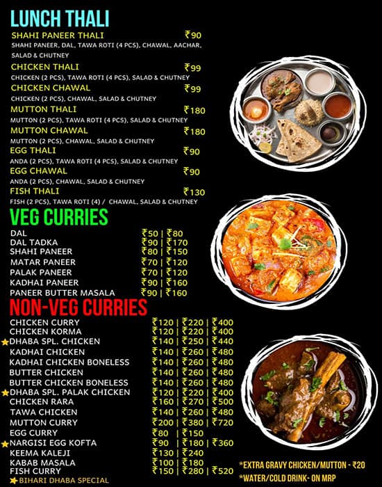 Menu of The Bihari Dhaba, Sector 15, Dwarka, New Delhi