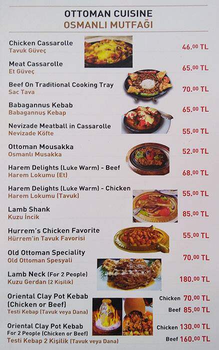 Menu at Old Ottoman Cafe & Restaurant, Istanbul