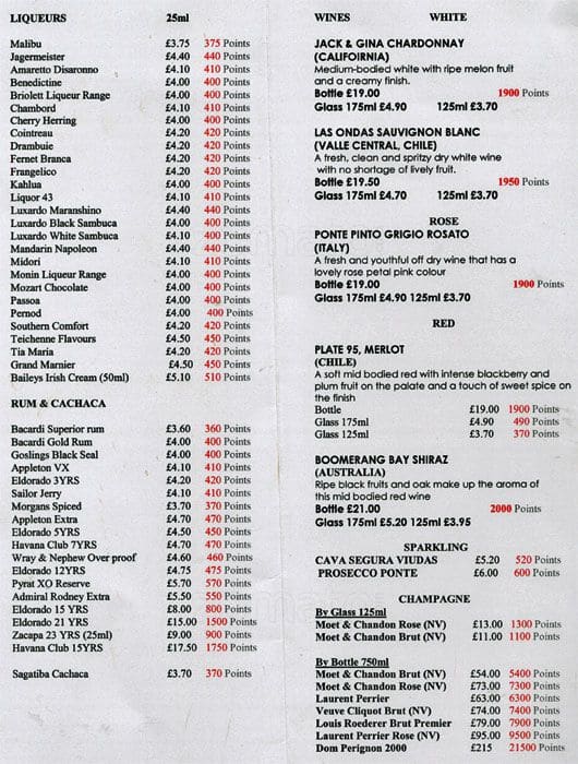 Menu at Vapour Bar, London